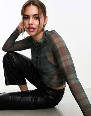 Monki long sleeve mesh top in green and black check | ASOS