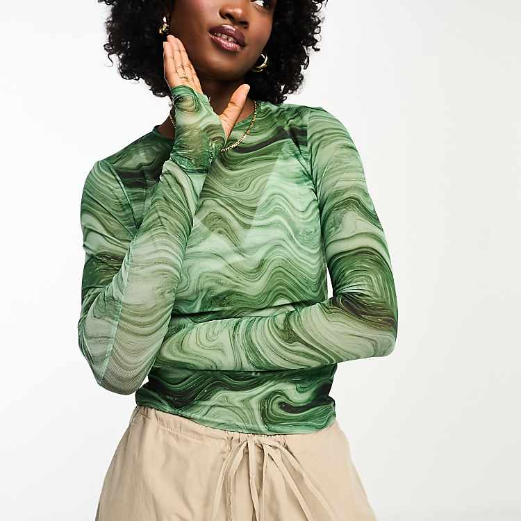 Monki long sleeve mesh top in green swirl print | ASOS Monki long sleeve mesh top in green swirl print | ASOS