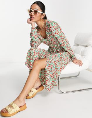 Monki Long Sleeve Midi Dress In Floral Print-multi | ModeSens
