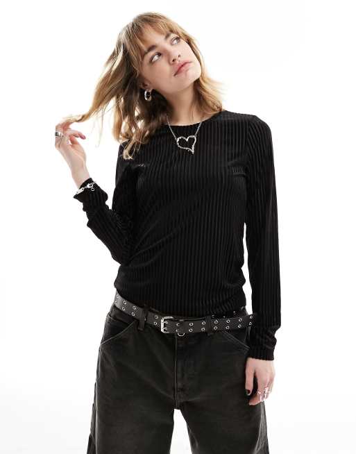 Monki Long Sleeve Ribbed Velour Top In Black Asos