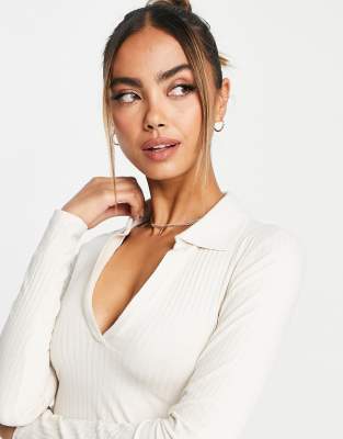 Monki long sleeve top with collar in beige | ASOS