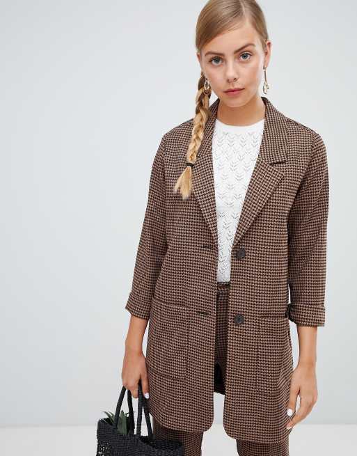 Monki longline blazer & wide leg trousers in brown check print co-ord ...