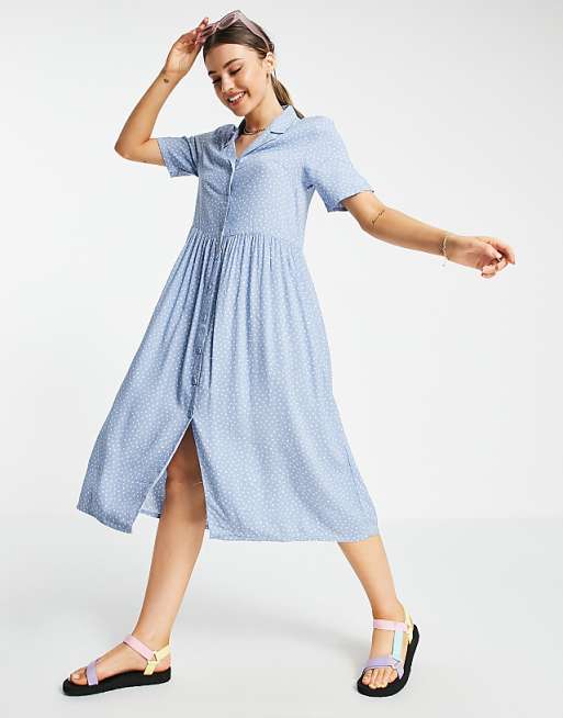 Monki - Mattan - Midi-overhemdjurk in blauw met stippenprint - MBLUE | ASOS Monki - Mattan - Midi-overhemdjurk in blauw met stippenprint - MBLUE | ASOS