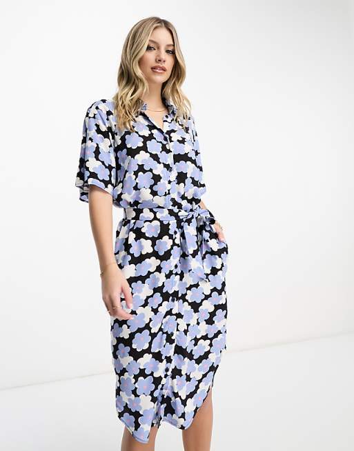 Monki - Midi overhemdjurk met gestrikte taille en blauwe bloemen | ASOS Monki - Midi overhemdjurk met gestrikte taille en blauwe bloemen | ASOS