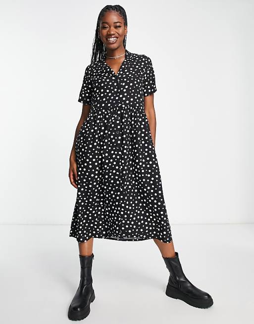 Monki - Midi overhemdjurk met knopen in zwart met witte stip | ASOS Monki - Midi overhemdjurk met knopen in zwart met witte stip | ASOS