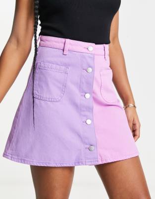 Monki - Mini-jupe en jean effet color block - Lilas | ASOS