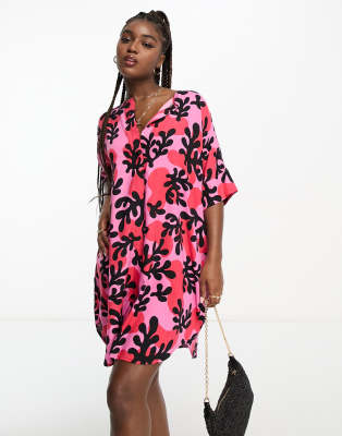 Monki mini shirt dress in pink and orange coral print | ASOS