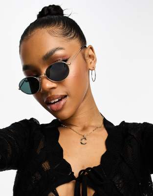 Monki mini thin oval sunglasses in black | ASOS
