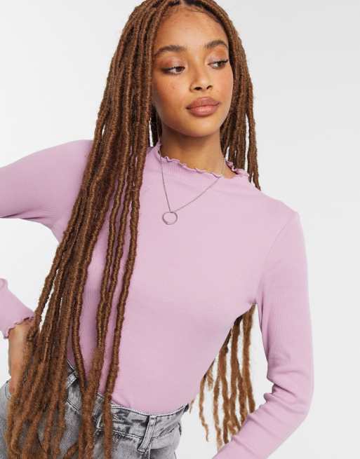 Monki Molly Cotton Ribbed Long Sleeve Top In Pink Asos