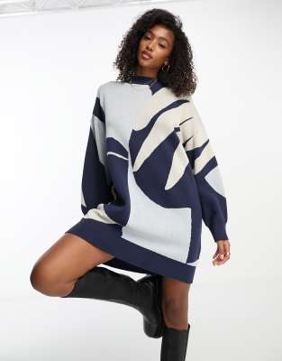 Monki oversized knitted mini dress in blue jacquard | ASOS