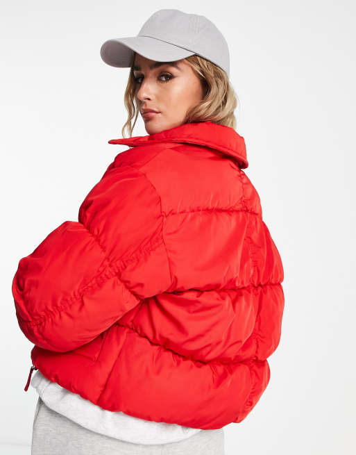 Monki oversized short padded jacket in red | ASOS