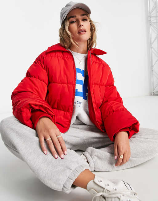 Monki oversized short padded jacket in red | ASOS