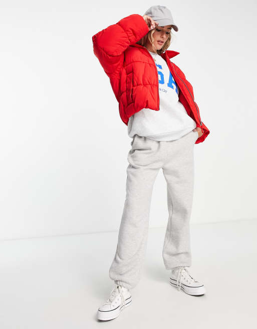 Monki oversized short padded jacket in red | ASOS