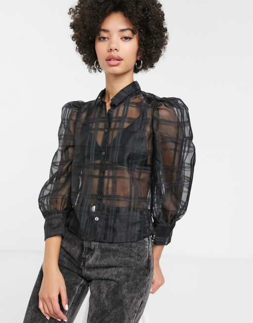 Monki Puff Sleeve Check Organza Blouse In Black Asos