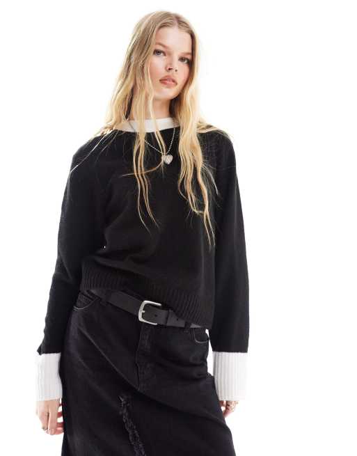 Monki - Pull en maille côtelée contrastante - Noir et gris clair | ASOS