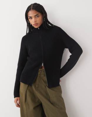 Monki ribbed knitted two way zip cardigan in black | ASOS