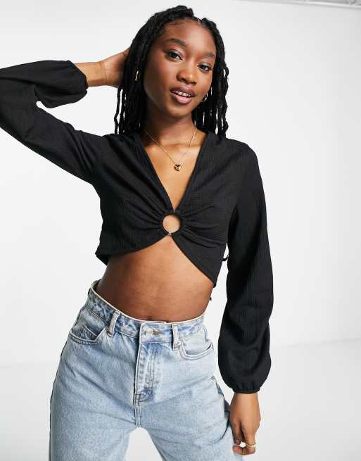 Monki Ring Detail Long Sleeve Top In Black Asos