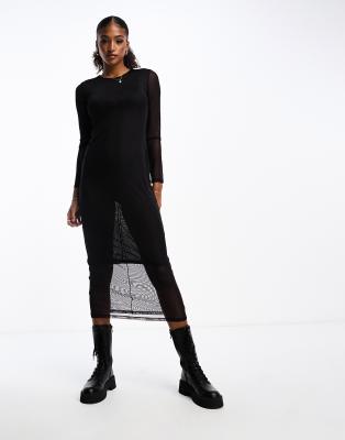 Monki - Robe mi-longue en tulle à manches longues - Noir | ASOS