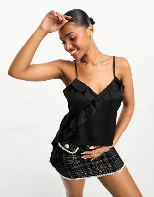 Monki ruffle satin top in black | ASOS
