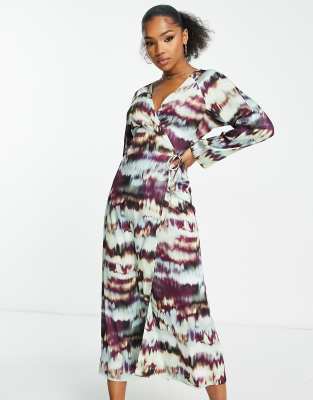 Monki Satin Wrap Midi Dress In Blurred Abstract Print-multi | ModeSens