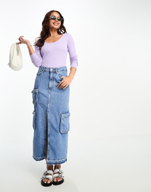Monki scoop neck skinny rib long sleeve top in lavender | ASOS