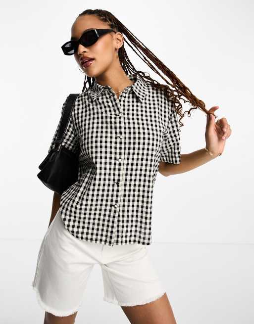 Monki Seersucker Shirt In Black And White Gingham Asos