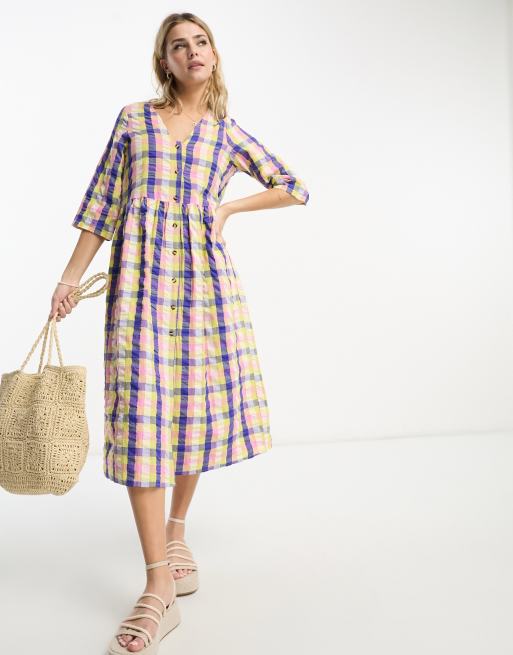 Monki Seersucker Smock Midi Dress In Yellow Check Asos