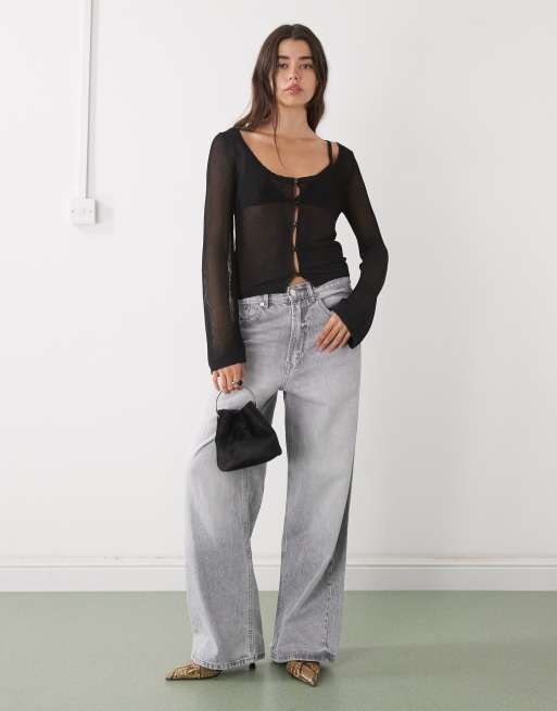 Monki sheer slim fit button front cardigan in black | ASOS