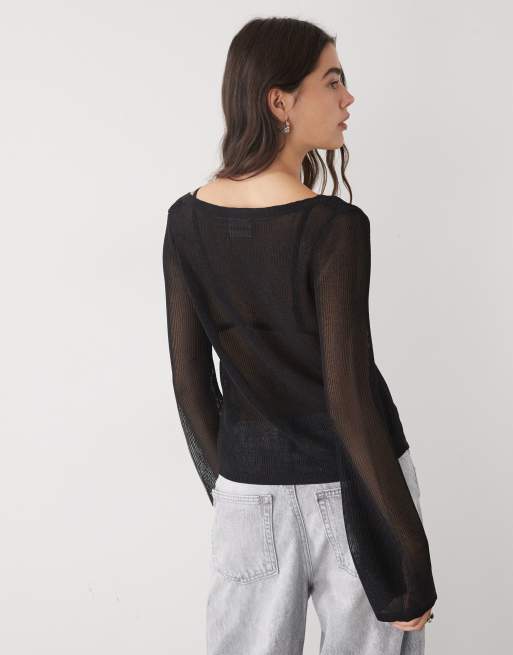 Monki sheer slim fit button front cardigan in black | ASOS