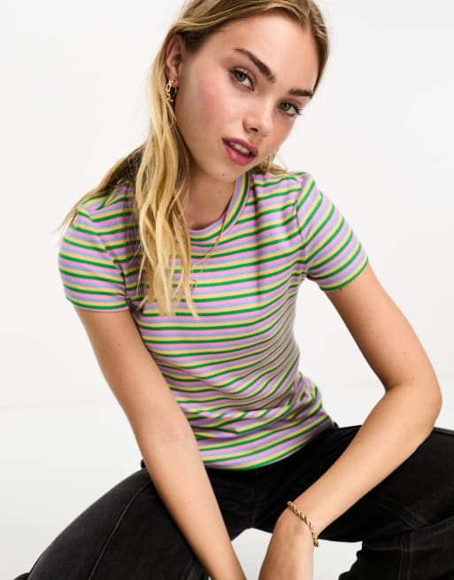 Monki short sleeve t-shirt in green multi stripe | ASOS