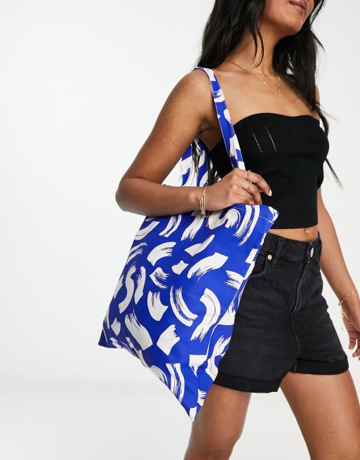Monki swoosh print tote bag in blue and white | ASOS