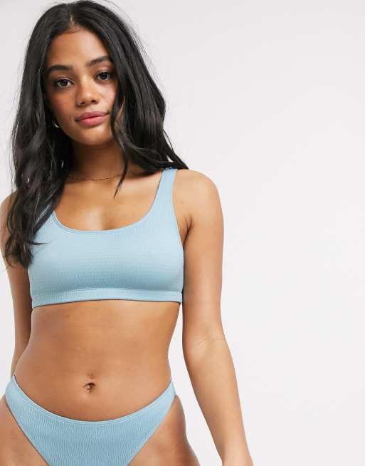 Monki textured scoop neck bikini top in dusty blue | ASOS