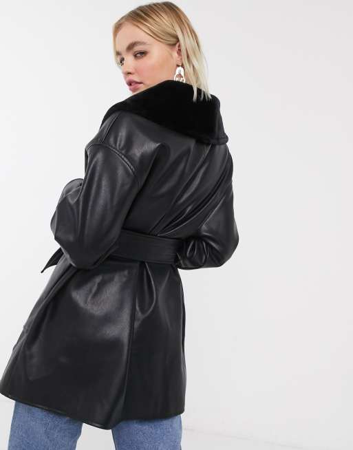 ASOS DESIGN Curve Fluffy Cuff Faux Leather Jacket In Black