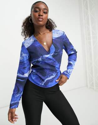 Monki Tie Waist Wrap Blouse In Blue Liqud Print | ModeSens