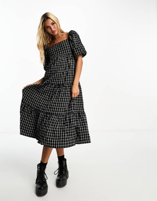 Monki Tiered Midi Smock Dress With Puff Sleeves In Black Check Asos