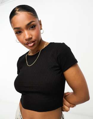 Monki - Top court à manches longues en maille pointelle côtelée - Noir | ASOS
