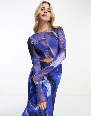 Monki - Top en tulle d'ensemble avec imprimé liquide - Bleu | ASOS