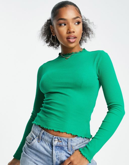 Monki - Top manches longues à bords ondulés - Vert | ASOS
