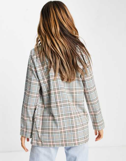 Monki Twiggy co-ord double breasted relaxed fit blazer in check print ...
