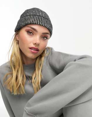 Monki two tone short ribbed beanie hat in black | ASOS