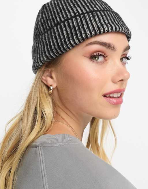 Monki two tone short ribbed beanie hat in black | ASOS