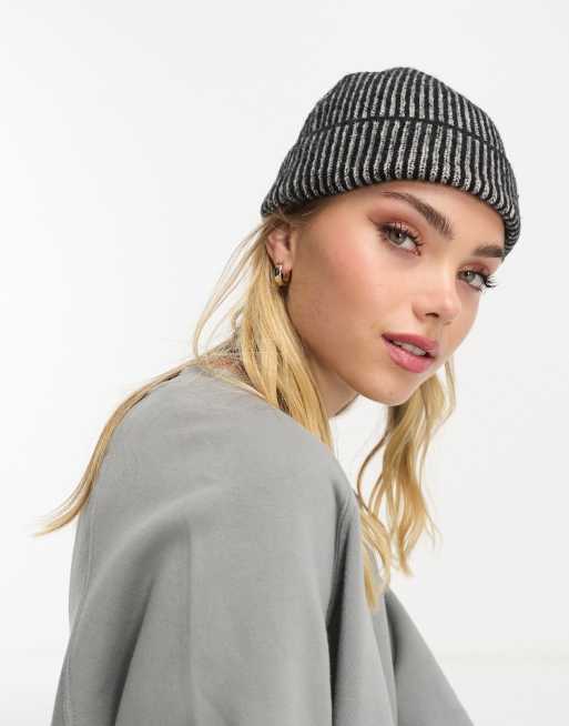 Monki two tone short ribbed beanie hat in black | ASOS