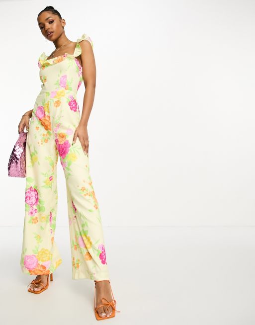 Mono Largo Multicolor De Pernera Ancha Con Estampado Floral Y Volantes