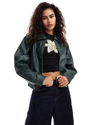 Moon River short leather bomber jacket with collar in dark green | ASOS