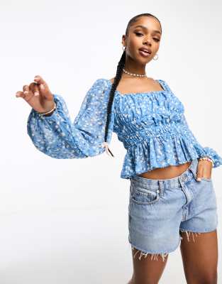 Moon River square neck long puff sleeve top in blue print | ASOS
