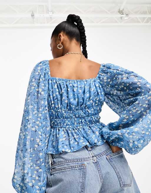Moon River square neck long puff sleeve top in blue print | ASOS