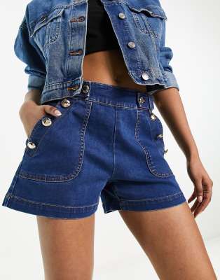 Morgan button detail denim shorts in dark blue wash | ASOS