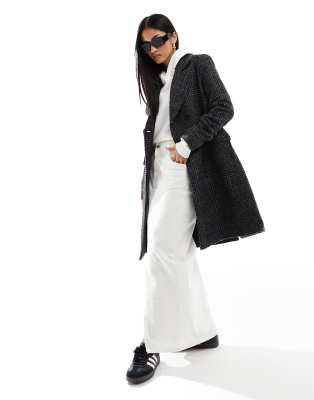 Morgan double breasted longline wool coat in charcoal herringbone | ASOS