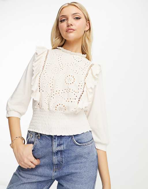 Morgan embroidered cutwork puff sleeve top in white | ASOS Morgan embroidered cutwork puff sleeve top in white | ASOS