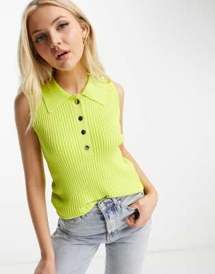 Morgan knitted collar detail button through top in lime | ASOS